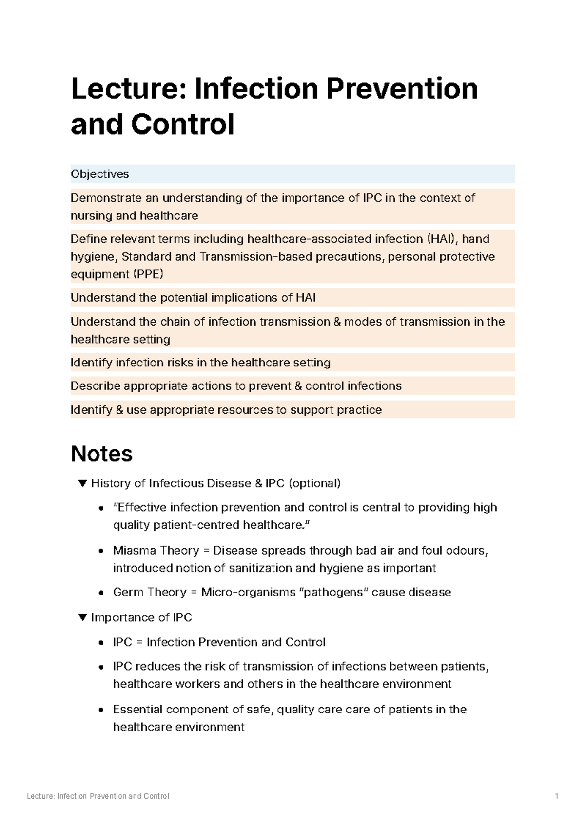 NURS5081 Wk 1 Lecture Notes: Lecture Infection and Control - Lecture ...