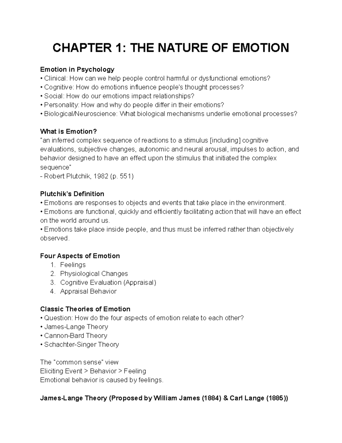 Unit 1 Notes - Emotion - CHAPTER 1: THE NATURE OF EMOTION Emotion in ...