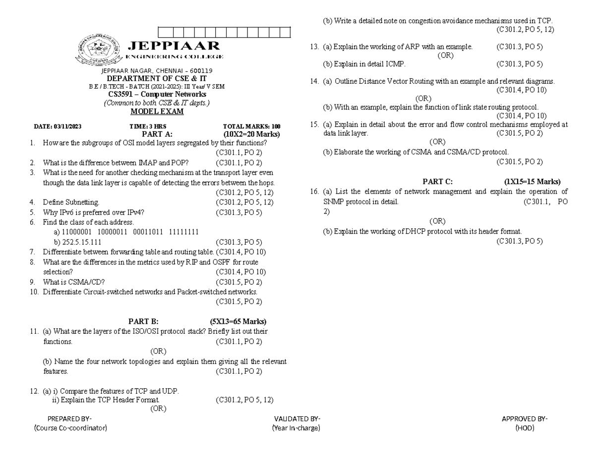 Cs3591 Computer Networks Model Jeppiaar Nagar Chennai 600119 Department Of Cse And It B