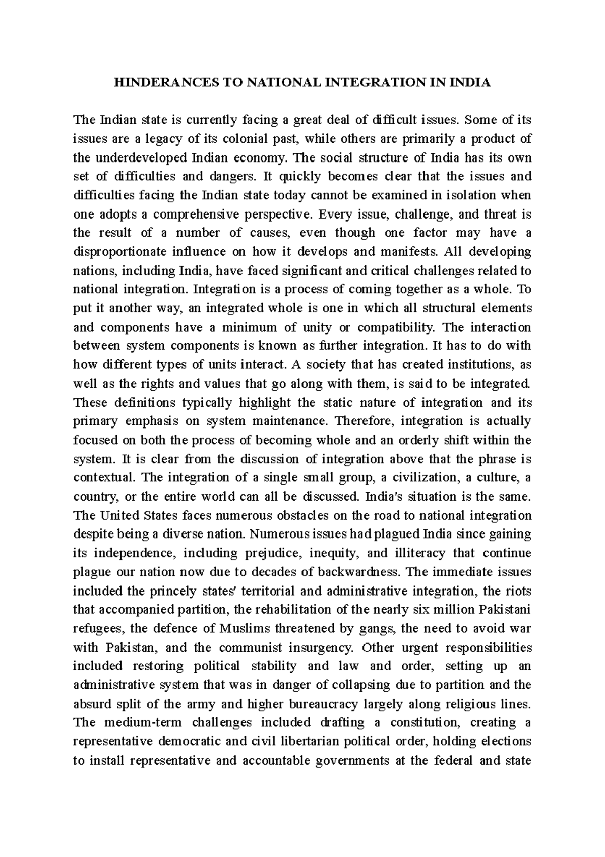 Hinderances TO National Integration IN India - HINDERANCES TO NATIONAL ...