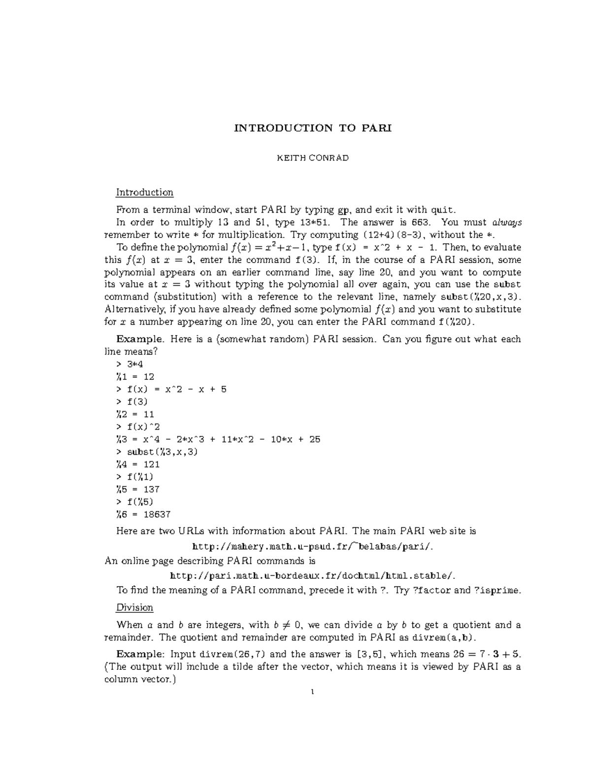 Practical - Introduction to pari - INTRODUCTION TO PARI KEITH CONRAD ...