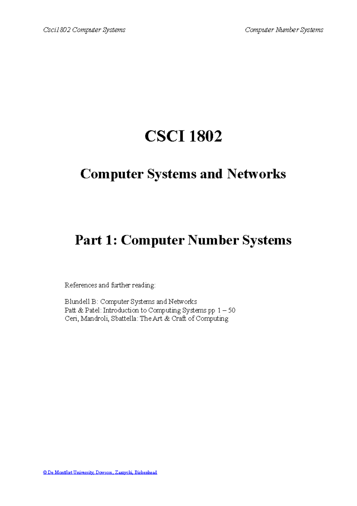 Number systems - Notes on all assignments - CSCI 1802 Computer Systems ...