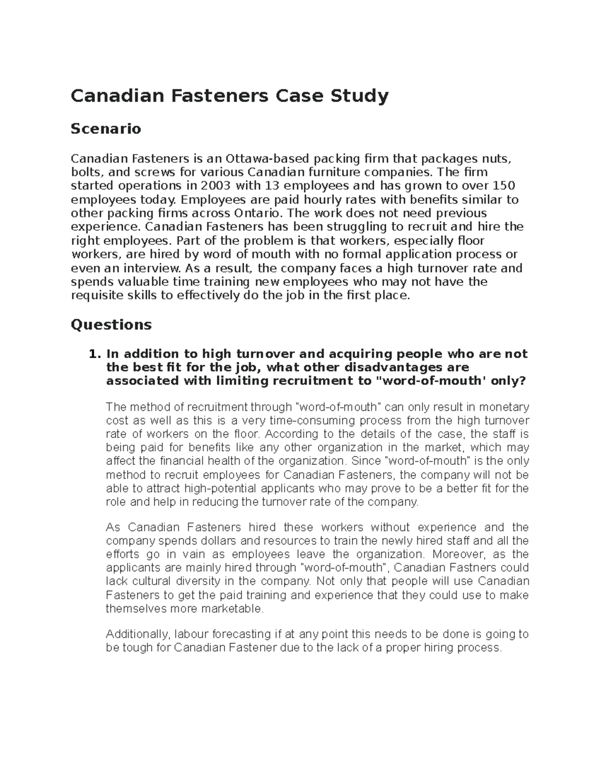 Due in week - 5 Canadian Fasteners Case Study - Canadian Fasteners Case Study Scenario Canadian ...