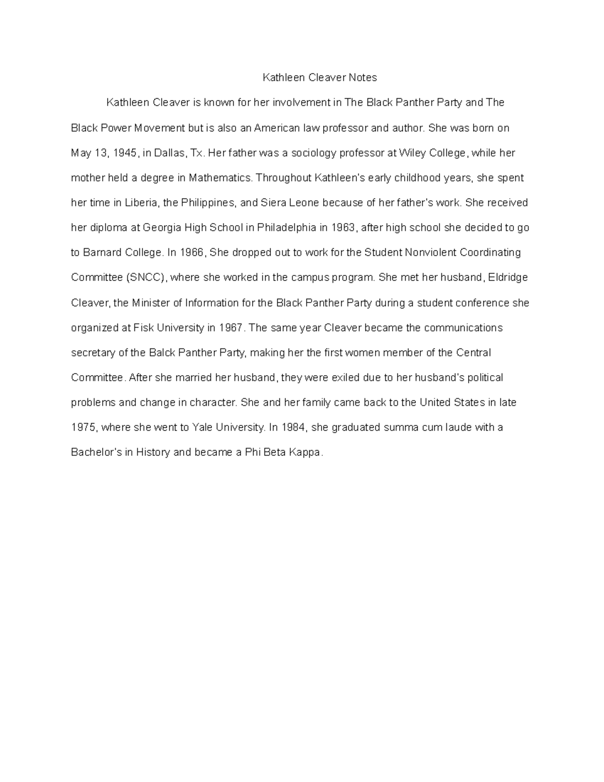 Kathleen Cleaver Notes - Kathleen Cleaver Notes Kathleen Cleaver is ...