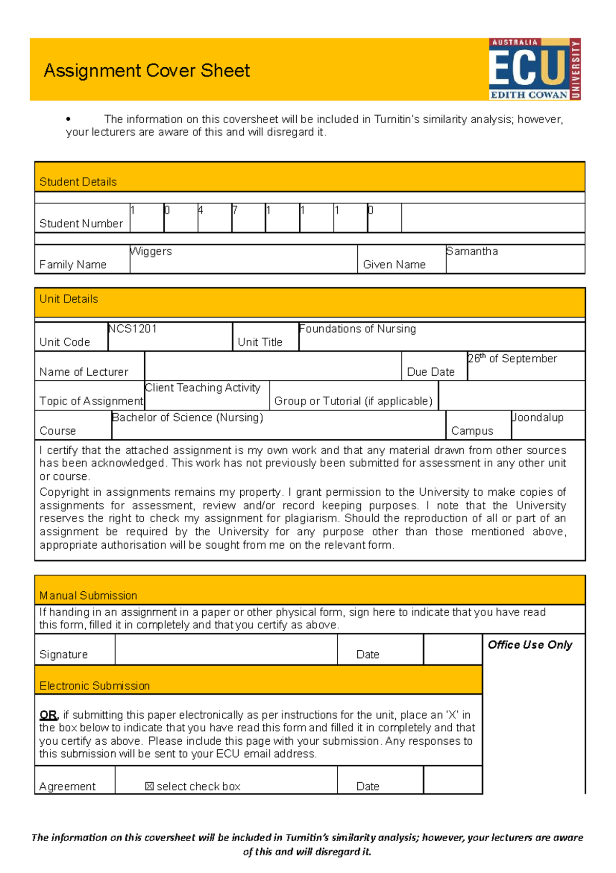 Assignment 2 - Foundations of Nursing - Assignment Cover Sheet The ...