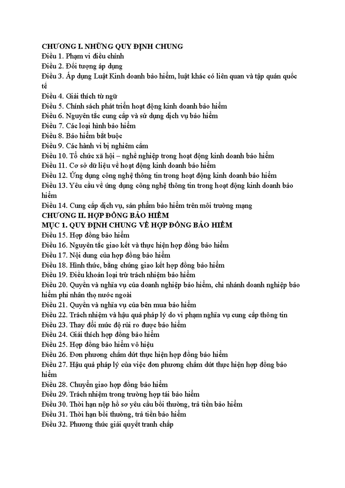 Mục lục luật kdbh - mục lục luật kdbh - CHƯƠNG I. NHỮNG QUY ĐỊNH CHUNG ...