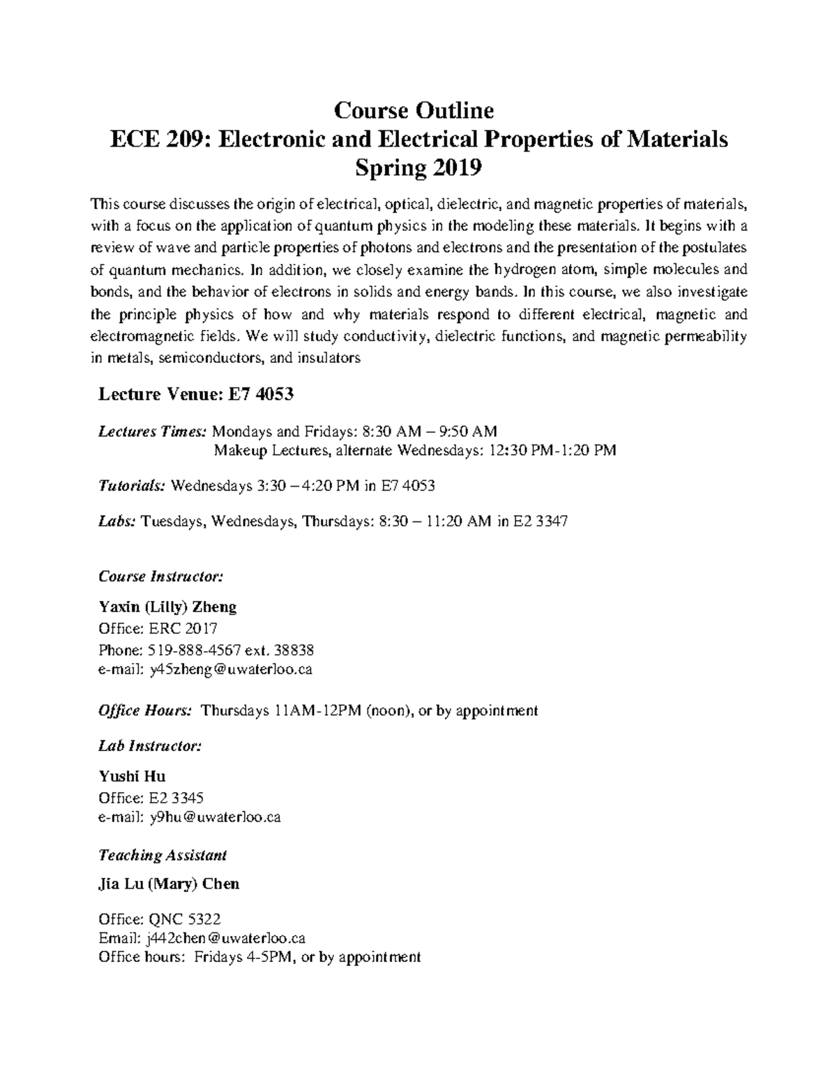 ECE 209 Spring 2019 Course Outline - Course Outline ECE 209: Electronic ...