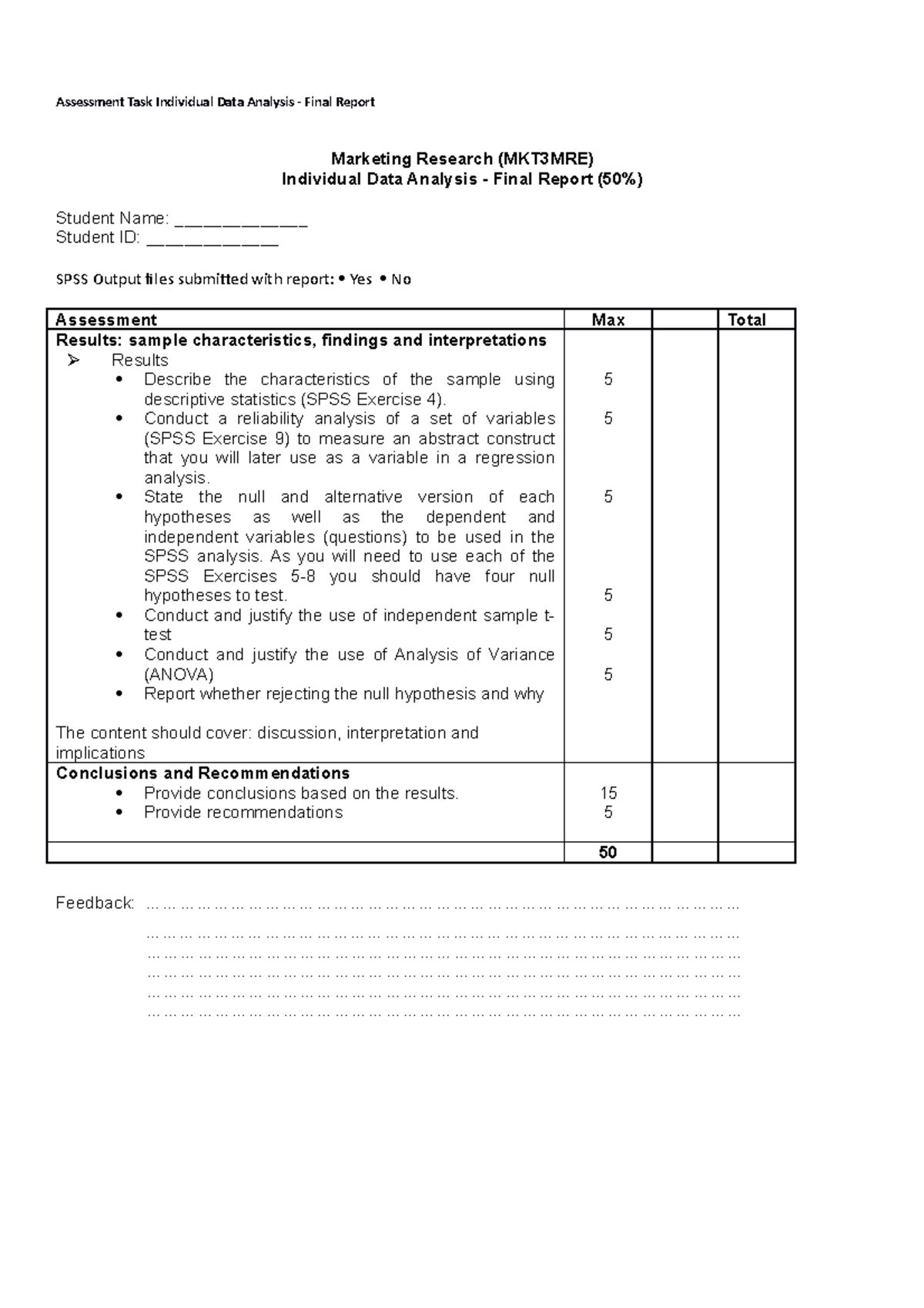 MKT3MRE Assessment 4 Marking Guide - Assessment Task Individual Data ...