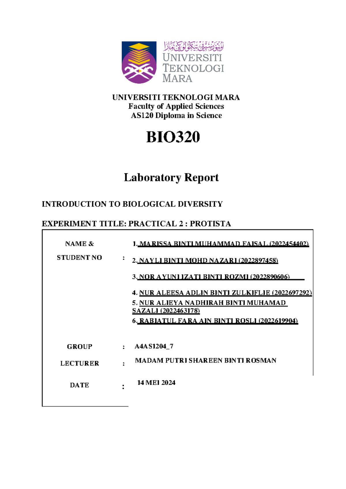 Lab report BIO320 Practical 2 - UNIVERSITI TEKNOLOGI MARA Faculty of ...