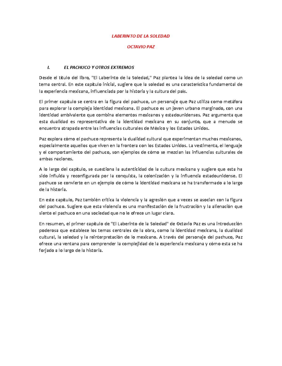 Analisis, Laberinto DE LA Soledad - LABERINTO DE LA SOLEDAD OCTAVIO PAZ ...