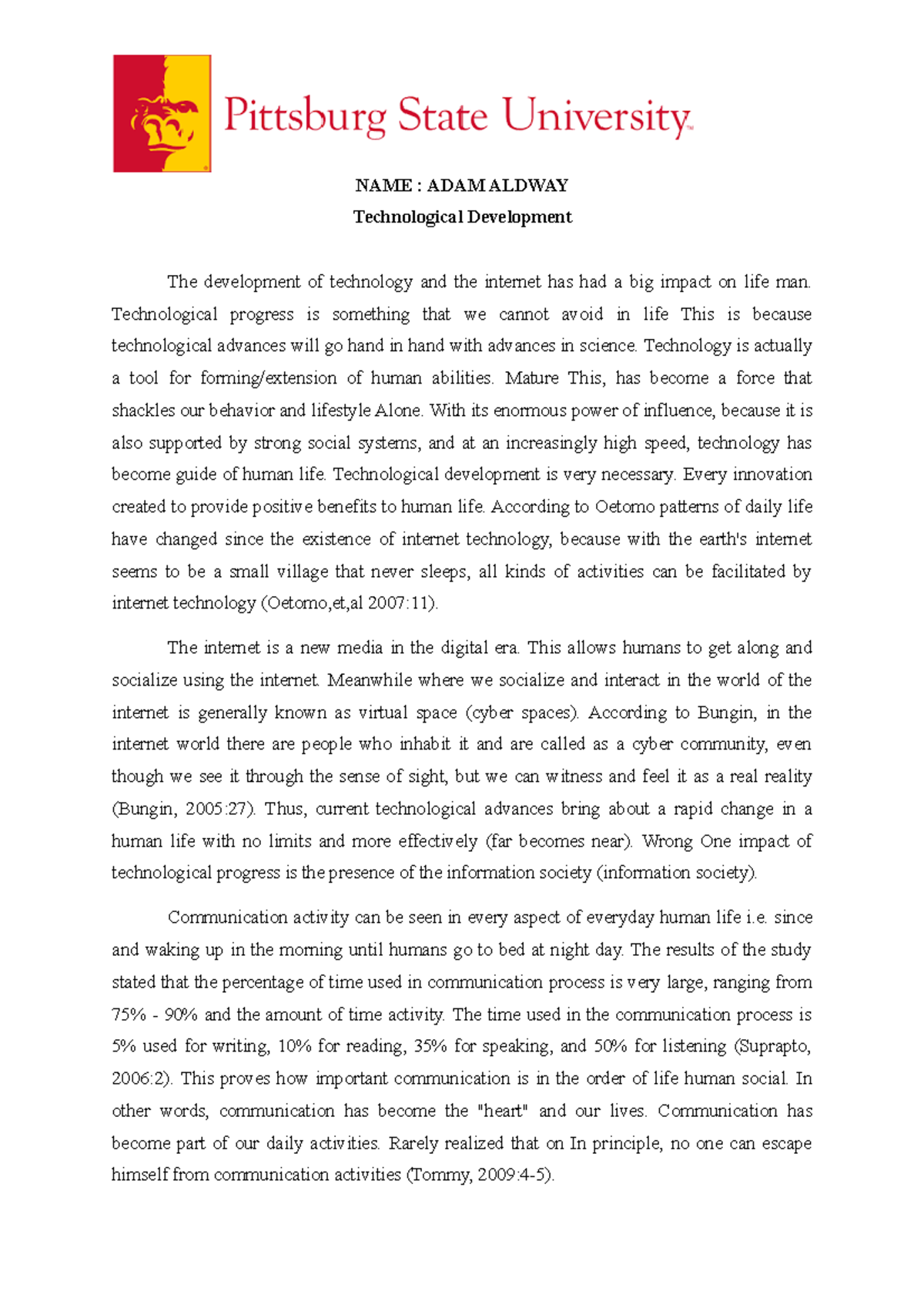Technological Development - NAME : ADAM ALDWAY Technological ...