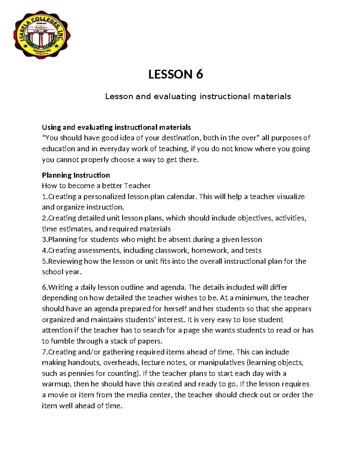 Lesson 6 - LESSON 6 Lesson and evaluating instructional materials Using ...