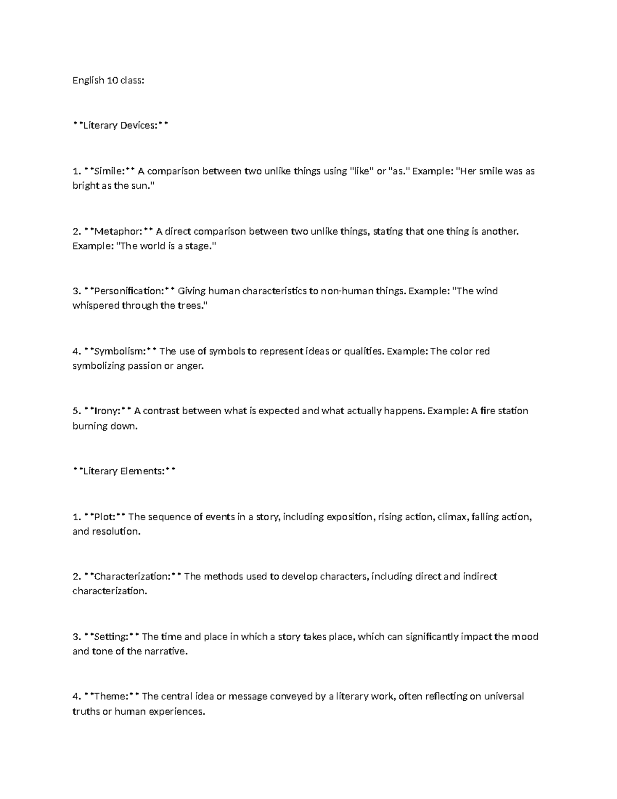 10-1 - notes - English 10 class: Literary Devices: Simile: A comparison ...