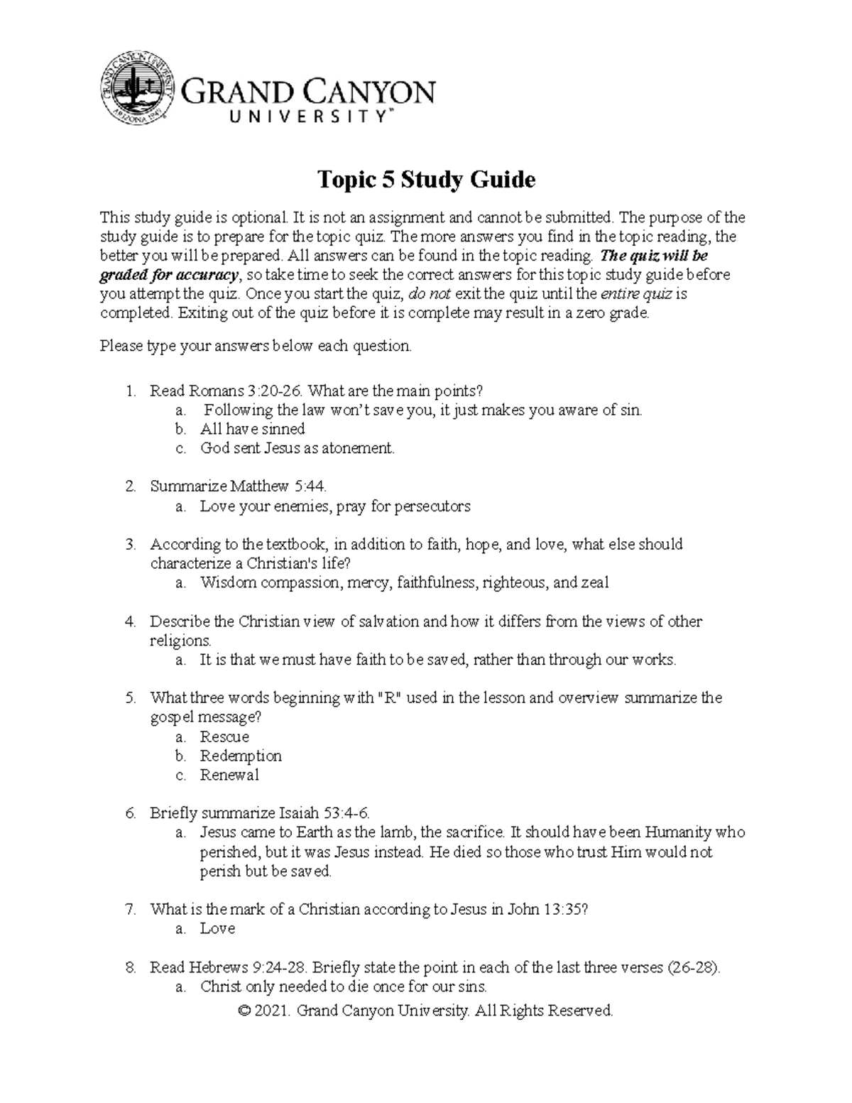 Study Guide 5 - Topic 5 Study Guide This study guide is optional. It is ...