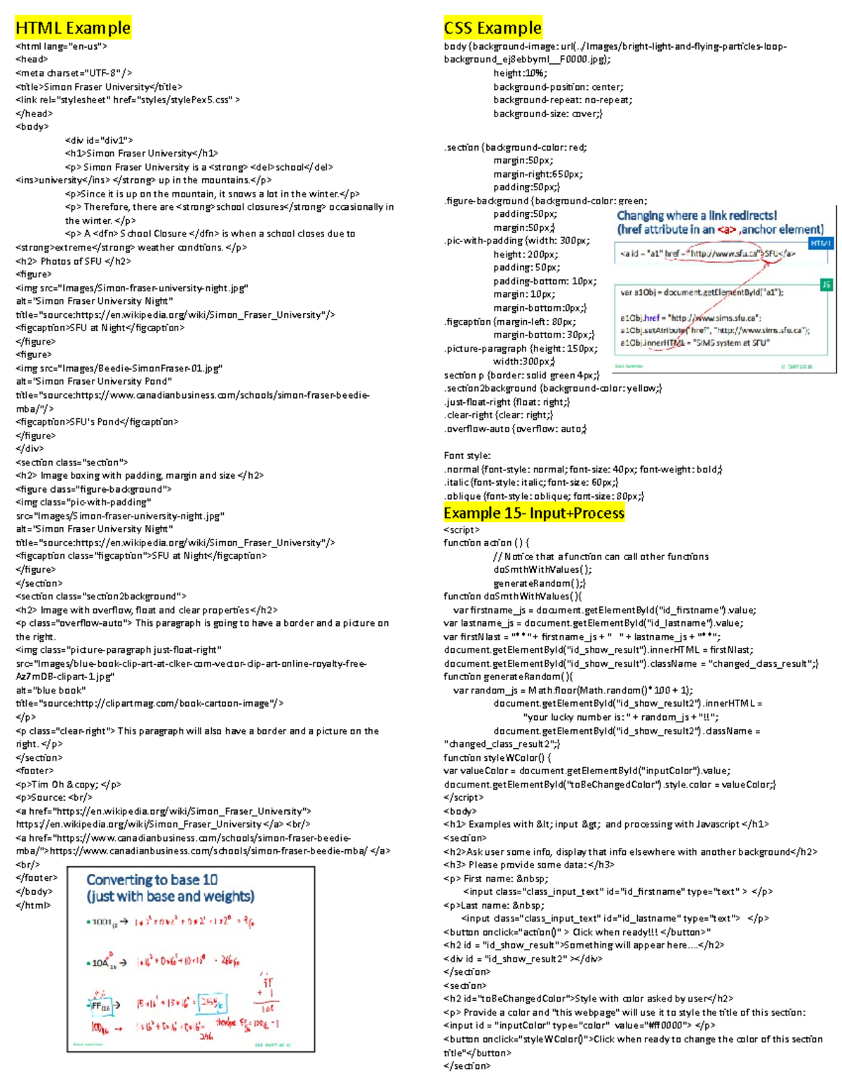 CMPT 165 Cheatsheet - course summary, prof allowed cheat sheet of one page - HTML Example