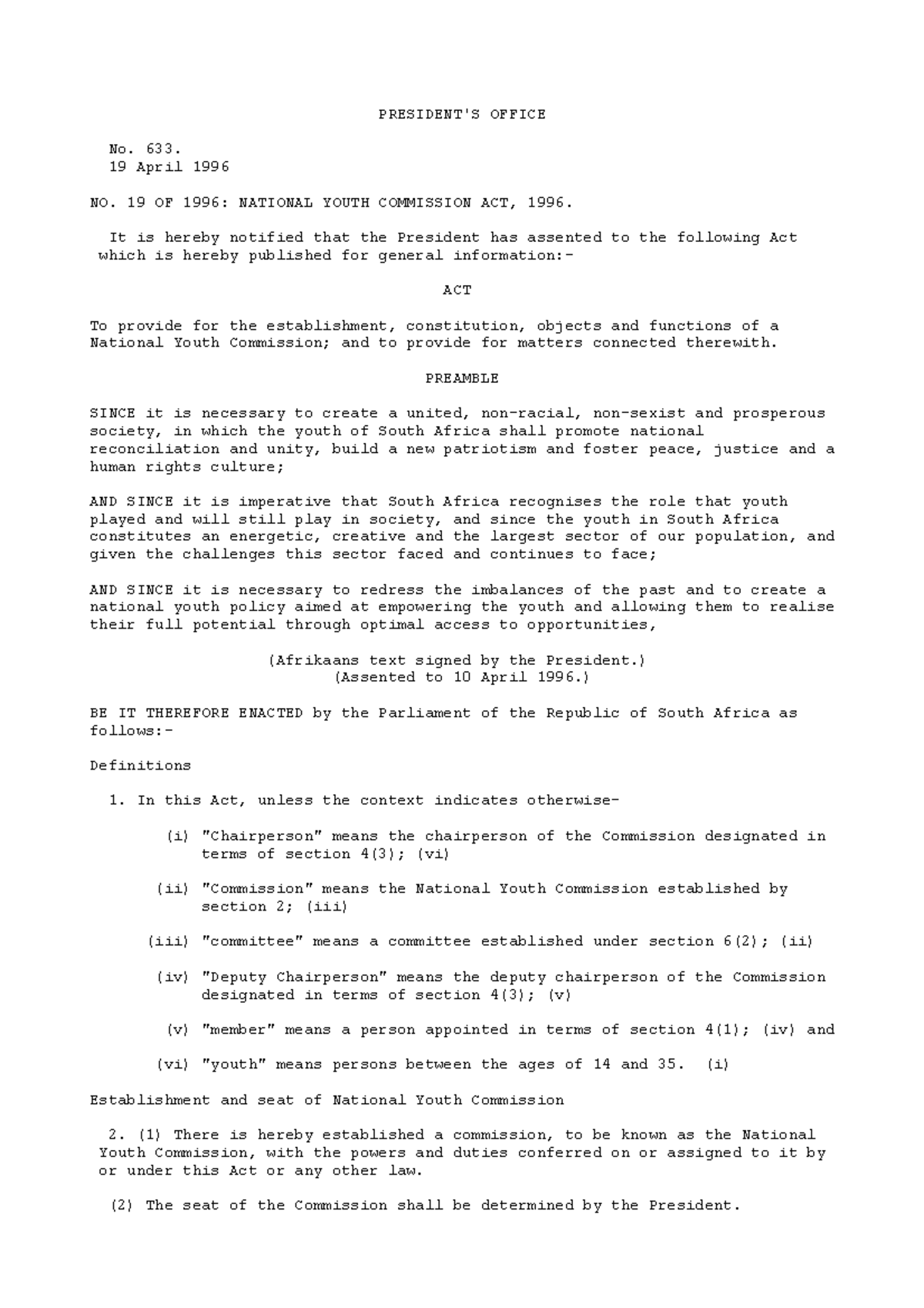 national-youth-commission-act-19-of-1996-president-s-office-no-633