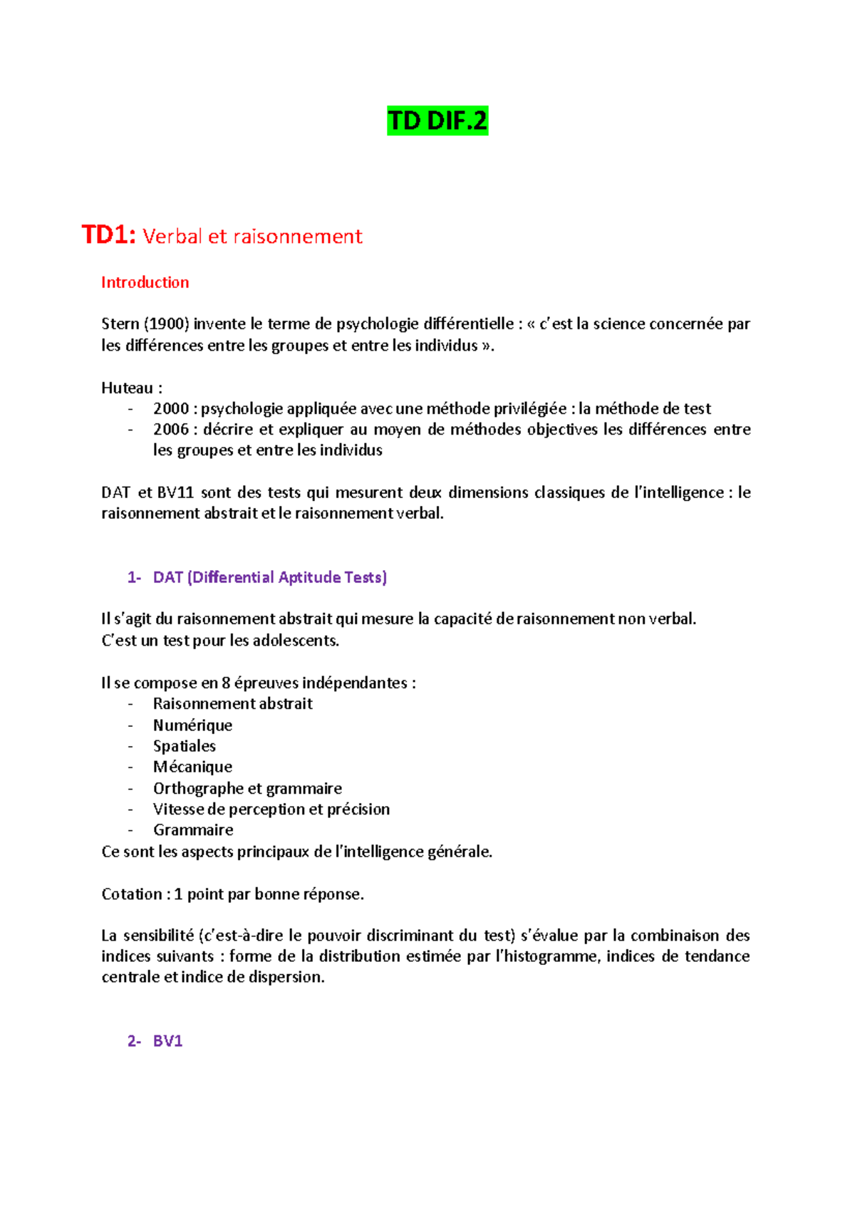 Psychologie différentiel 2 - TD 1 - 10 - Warning: TT: undefined function: 32 Warning: TT ...
