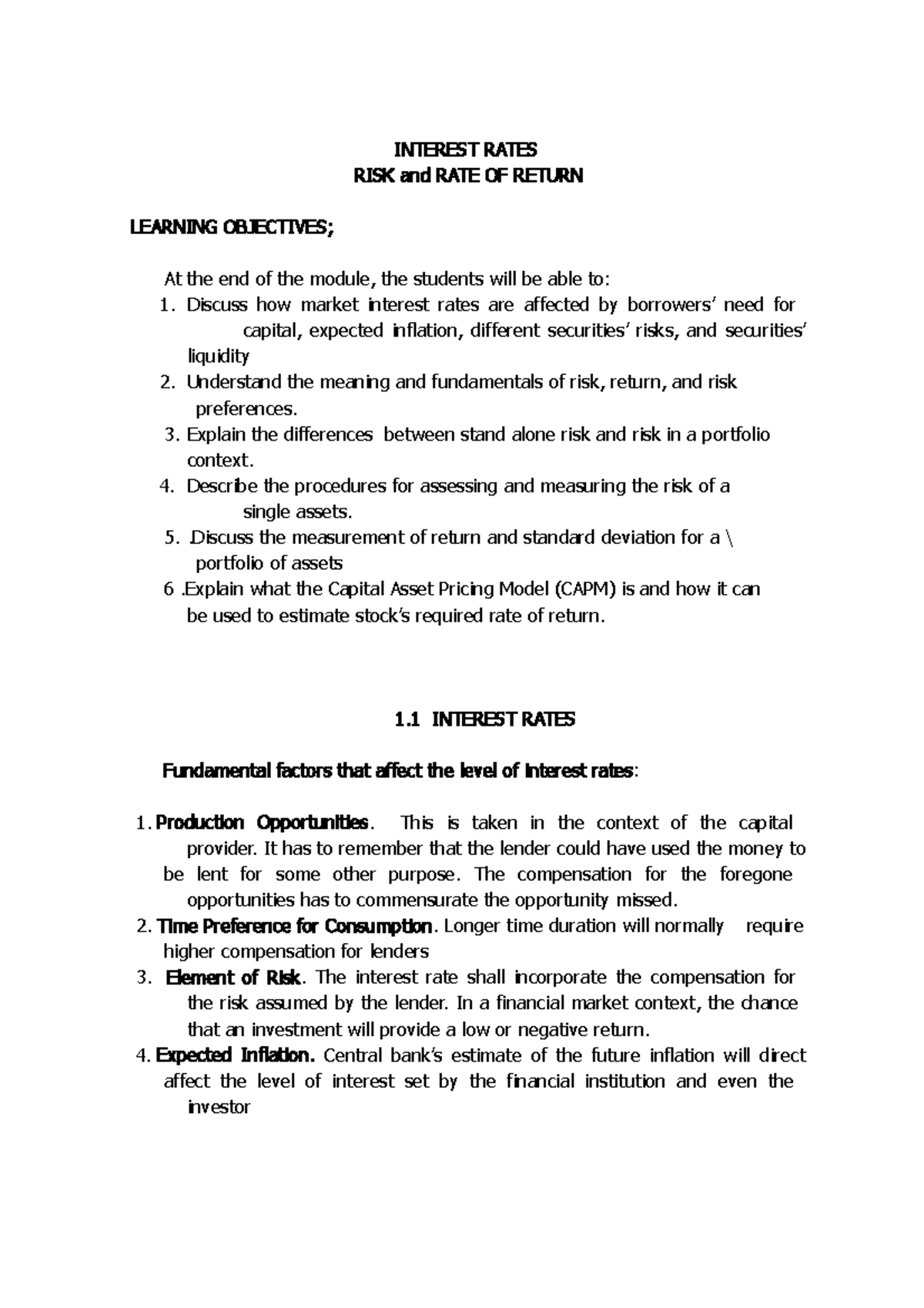 Interest Rate and Risk and Return - INTEREST RATES RISK and RATE OF ...