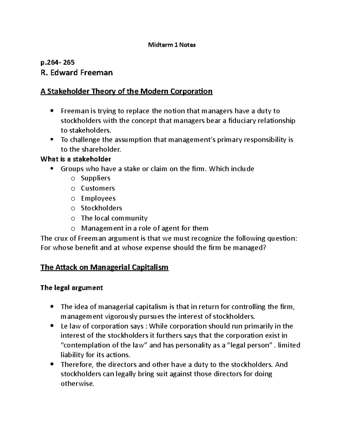 R. Edward Freeman Notes - Midterm 1 Notes p- 265 R. Edward Freeman A ...