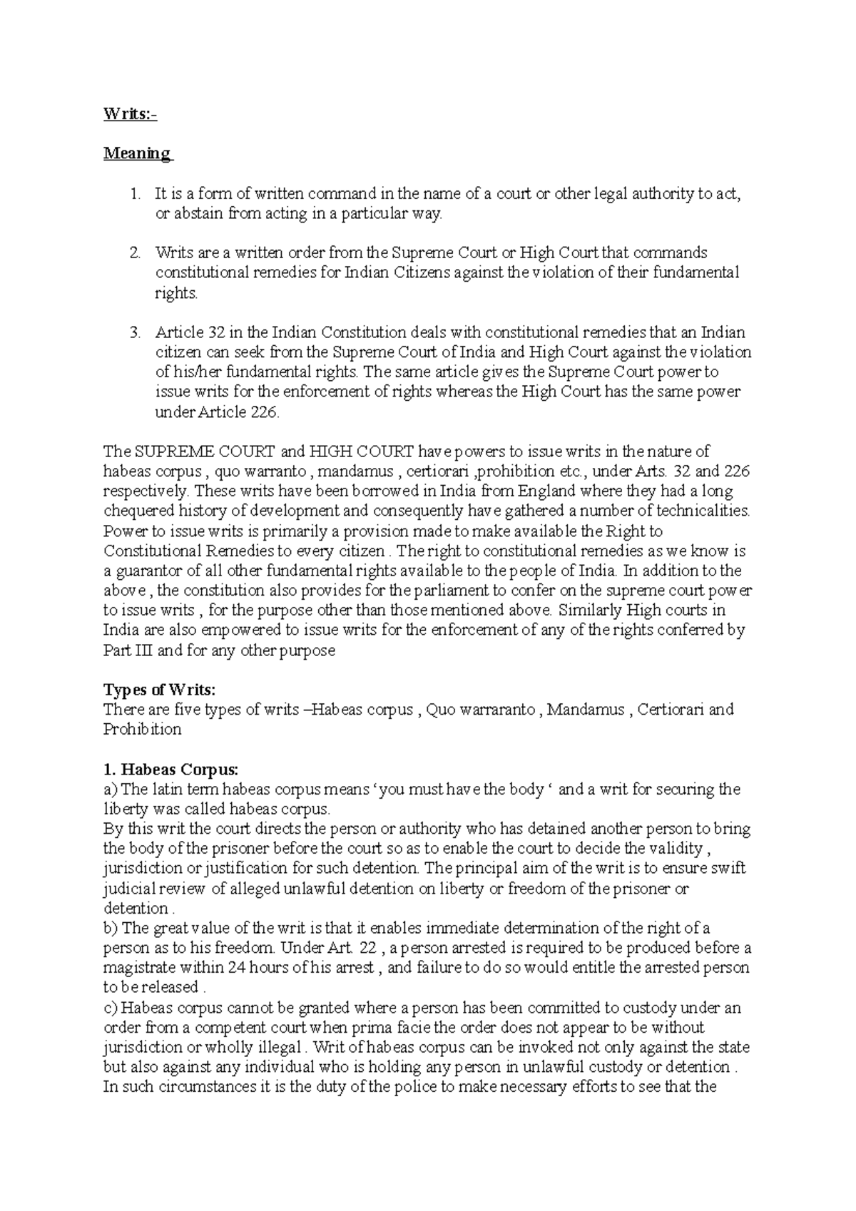 Writs-9th sem - Writ petition - Writs:- Meaning It is a form of written ...