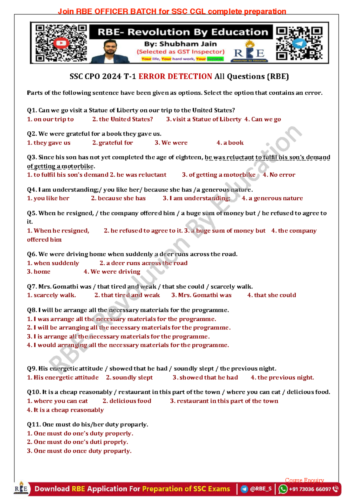 Error Detection SSC CPO 2024 RBE - SSC CPO 2024 T- 1 ERROR DETECTION All Questions (RBE) Parts ...