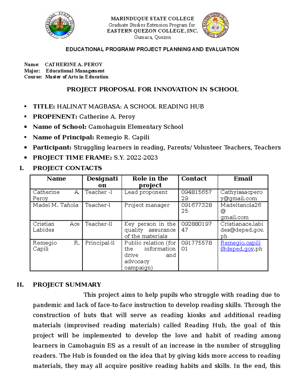 Project Proposal-Activity #2- Catherine A. Peroy - MARINDUQUE STATE ...