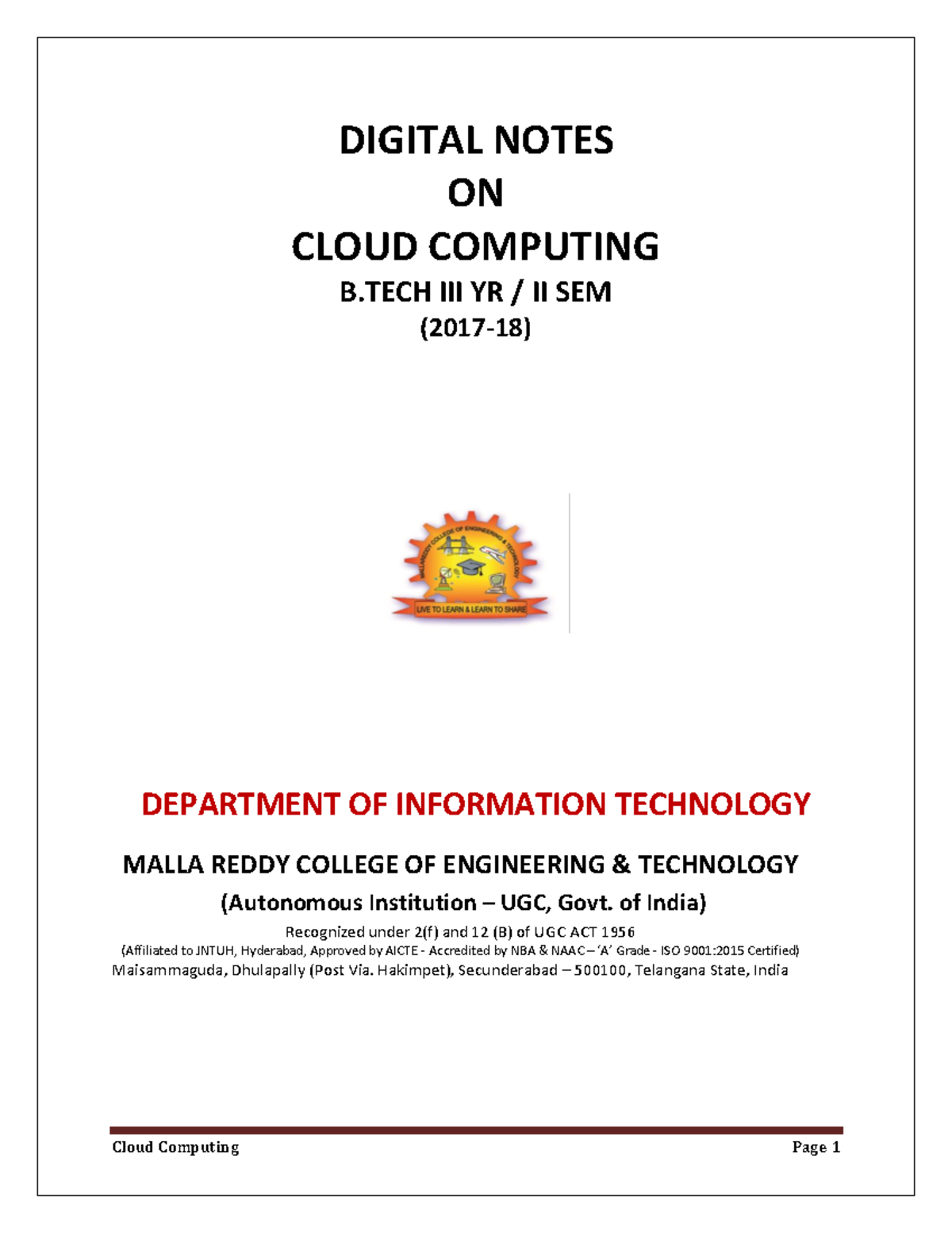 R15a0529 Cloud Computing Notes Digital Notes On Cloud Computing B Iii Yr Ii Sem 2017 18