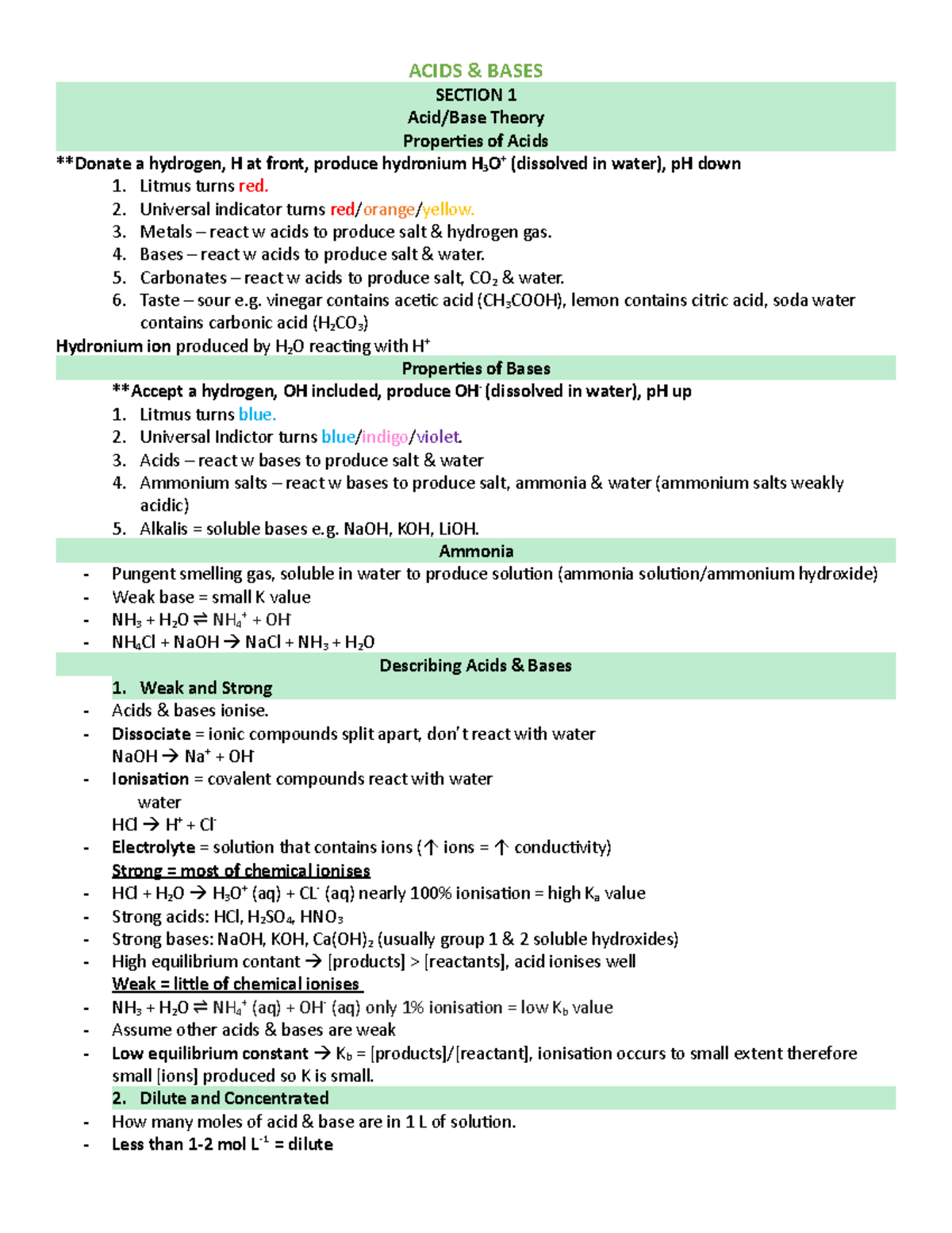 Acids and Bases chem notes - ACIDS & BASES SECTION 1 Acid/Base Theory ...