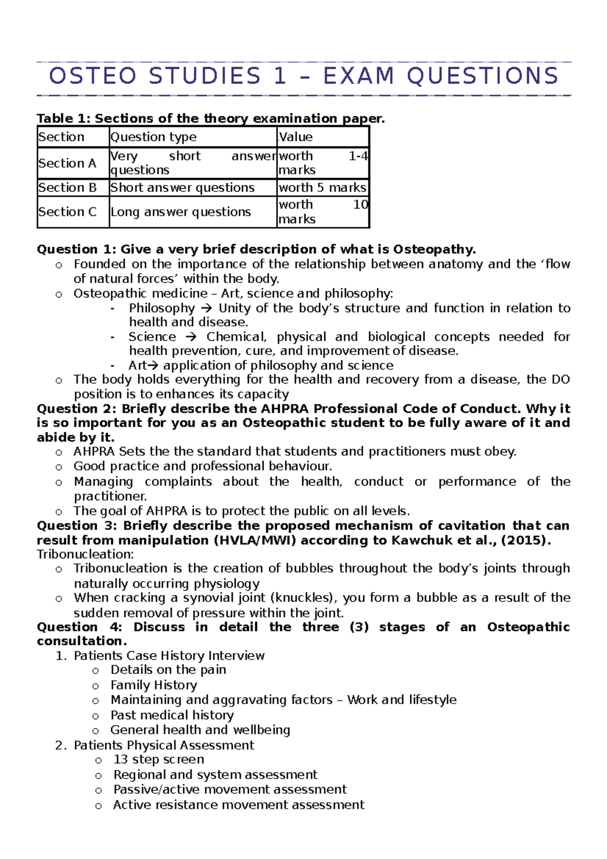 Osteo Studies 1 – Exam Questions - OSTEO STUDIES 1 – EXAM QUESTIONS ...