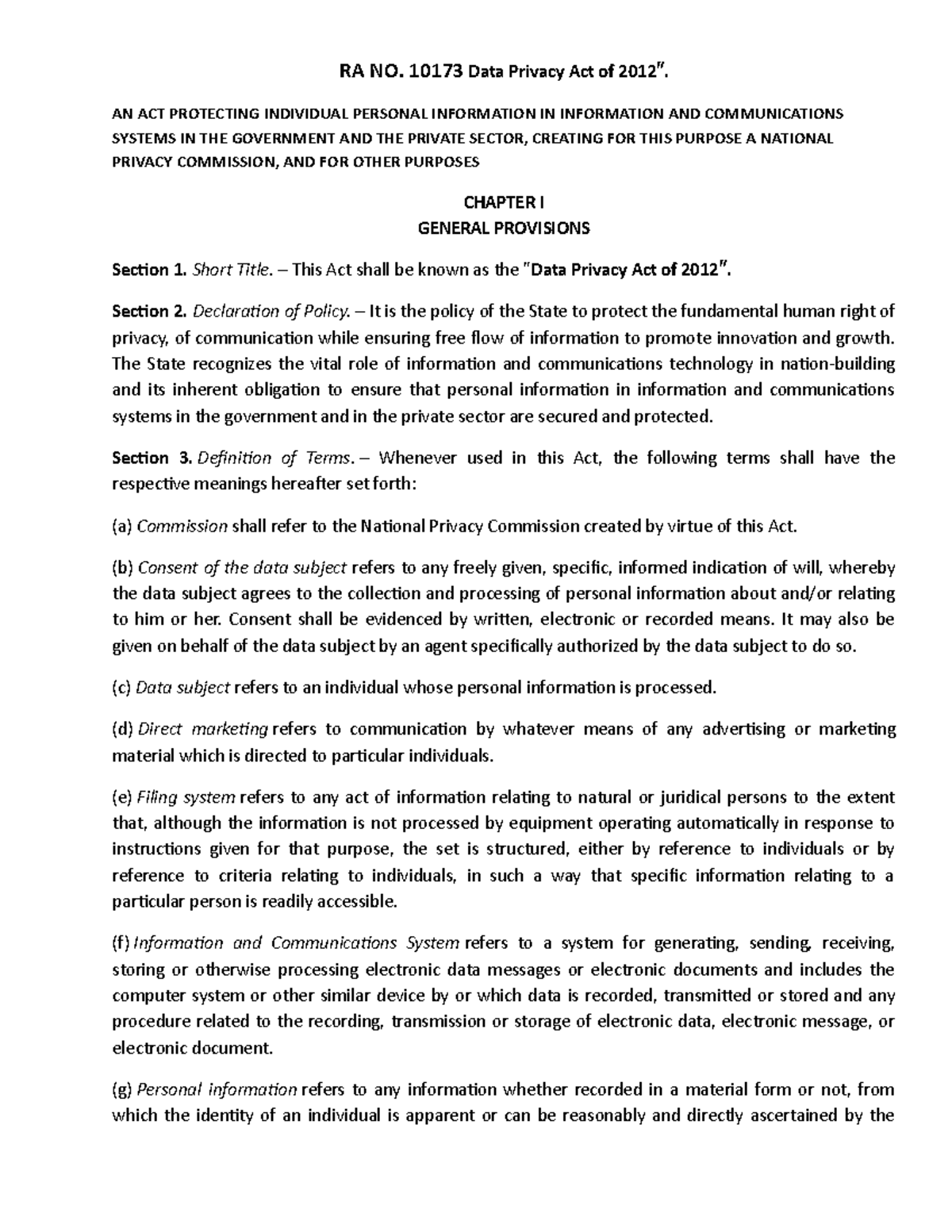 RA 10173 DATA Privacy Act RA NO 10173 Data Privacy Act Of AN ACT