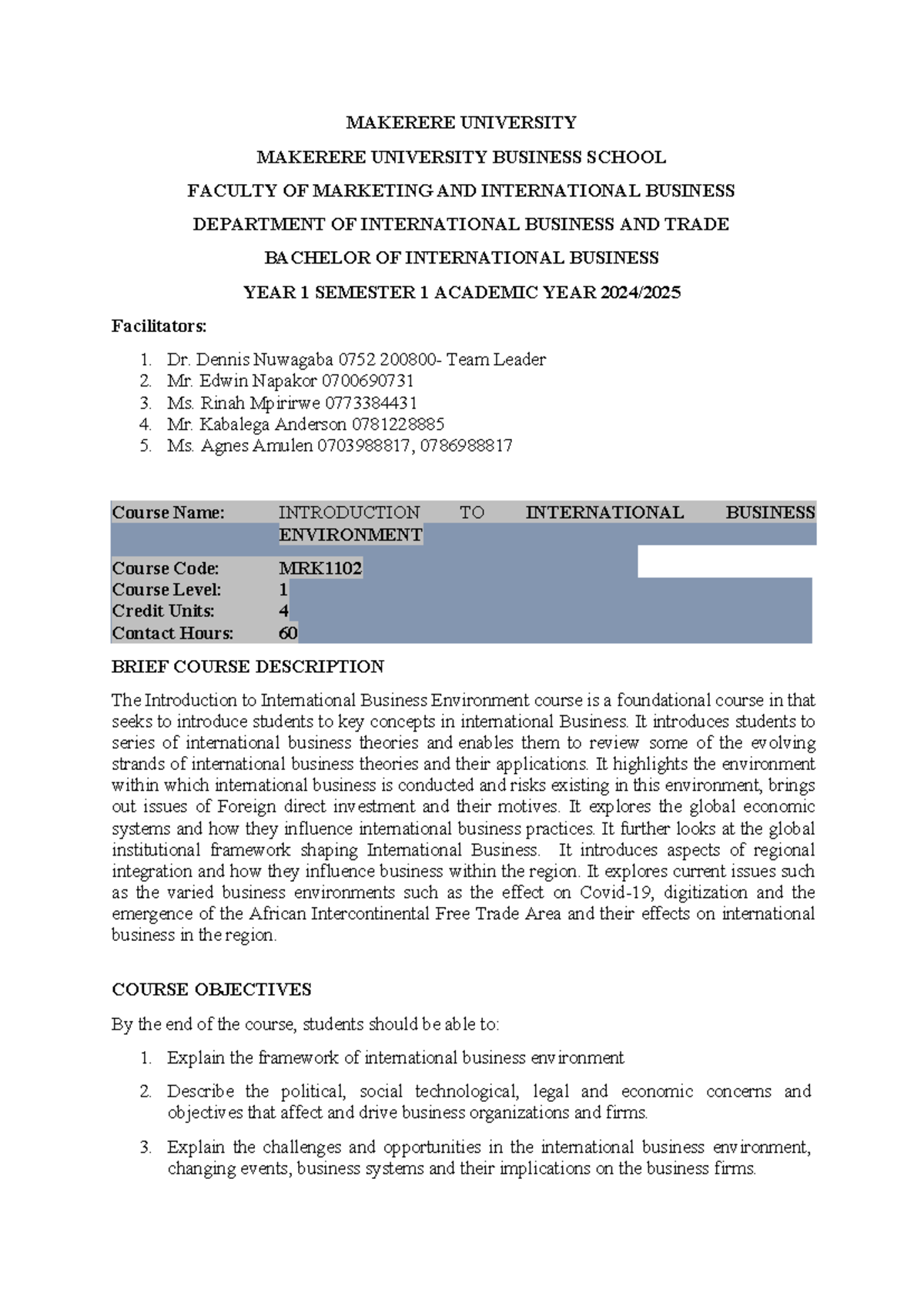 IIBE Course Outline 2024-2025 - MAKERERE UNIVERSITY MAKERERE UNIVERSITY ...