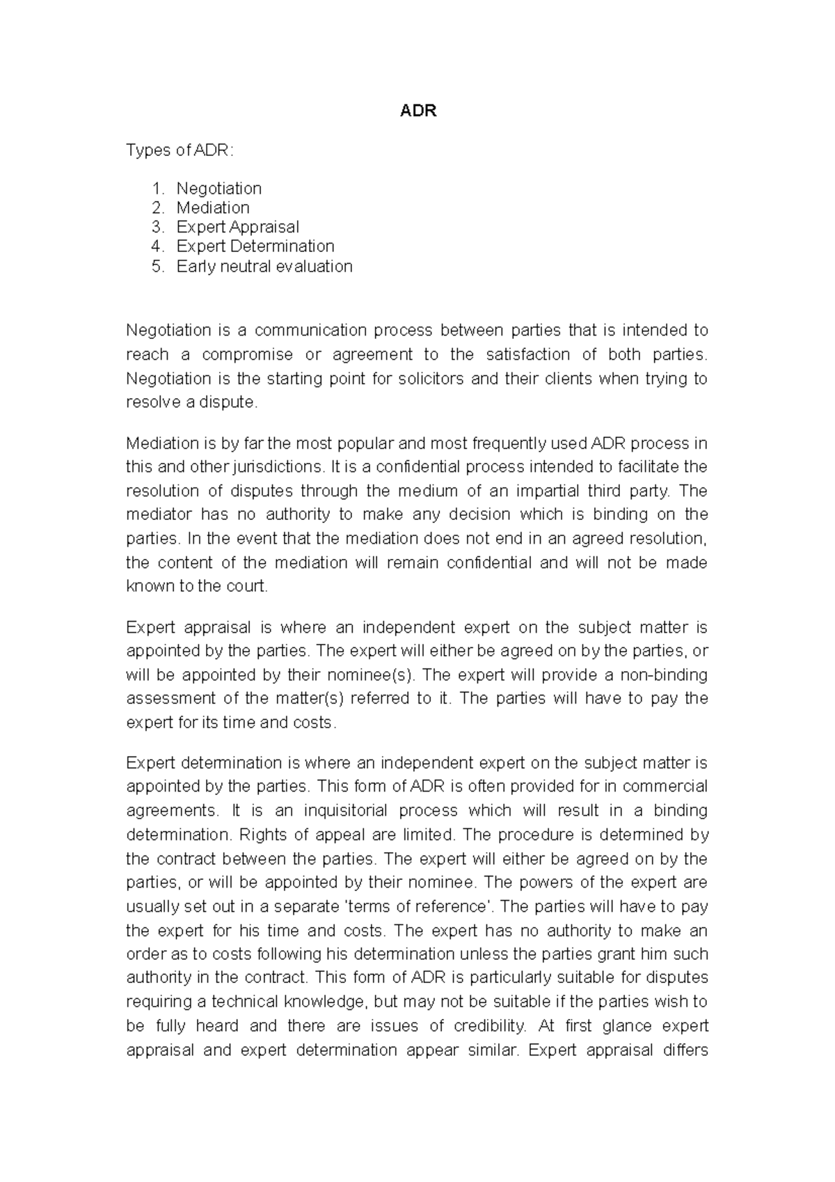ADR - ADR Ulaw notes - ADR Types of ADR: Negotiation Mediation Expert ...