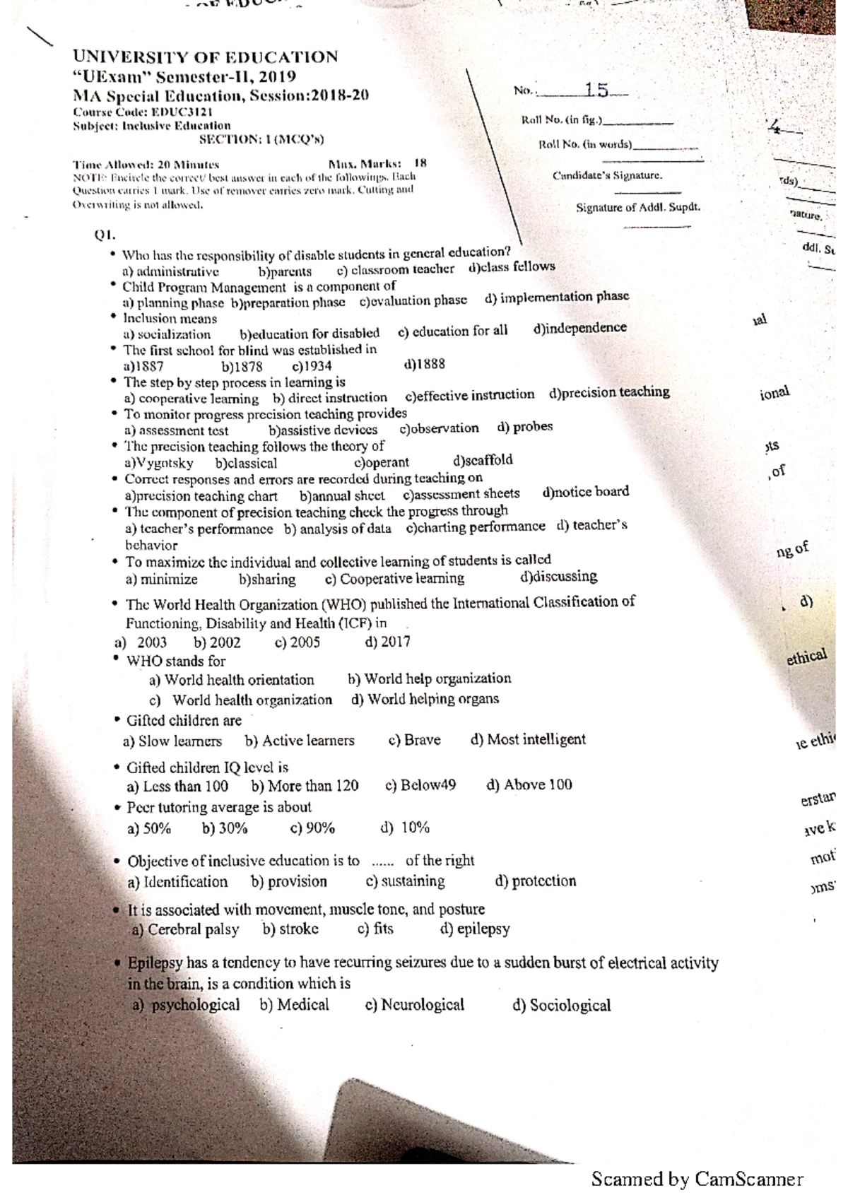 Old Paper-2019-B.Ed Secondary- Inslusive Education (EDUC3121)-2 ...