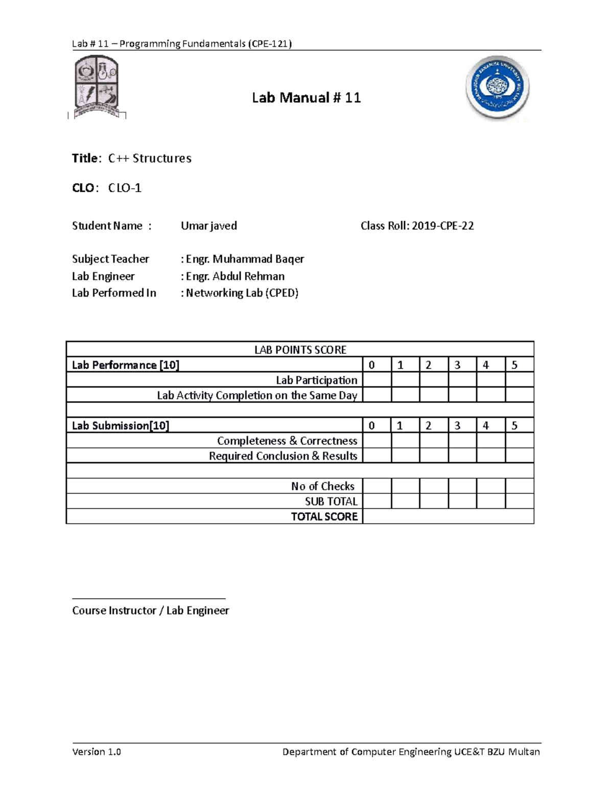 Lab# 11 pf 2019-CPE-22 Umar javed - Lab Manual # 11 Title : C++ ...