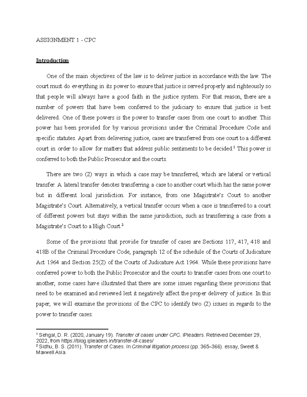 Assignment 1 - CPC - Criminal procedure code 1 topic 11 transfer of ...