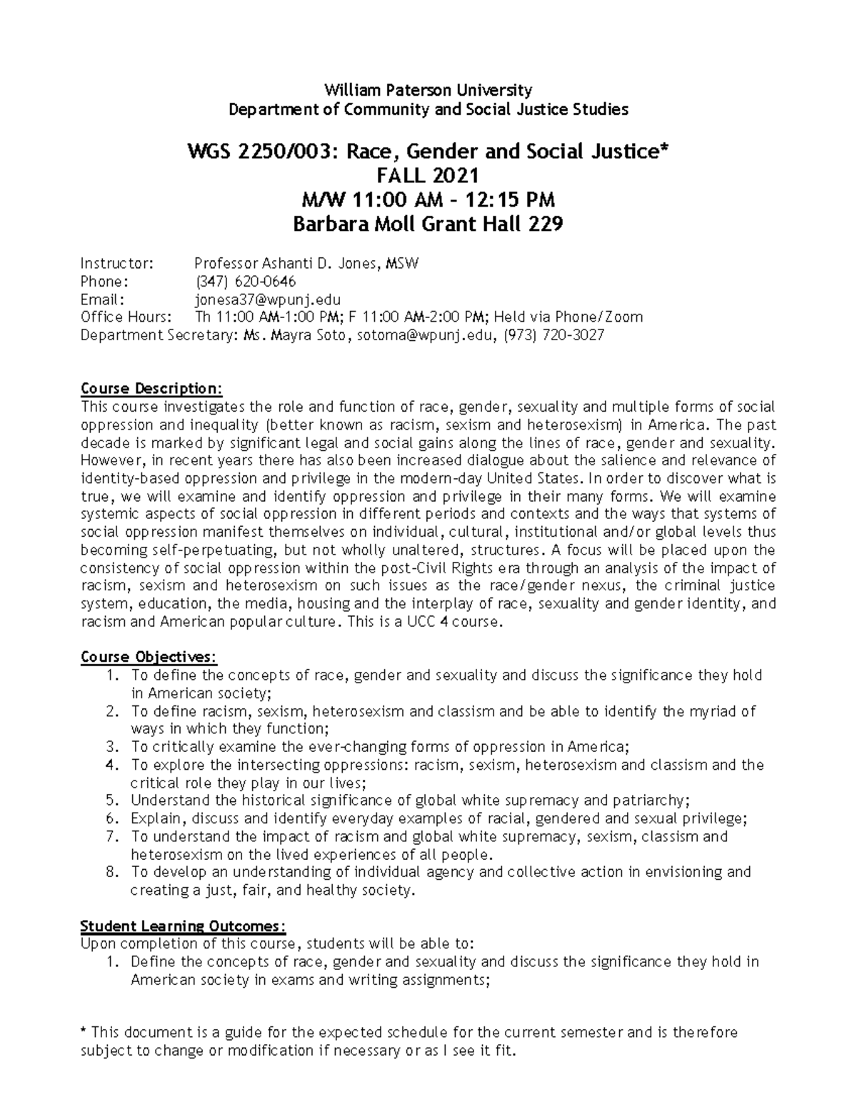 Race Gender and Social Justice Syllabus (Fall 2021) - This document is ...