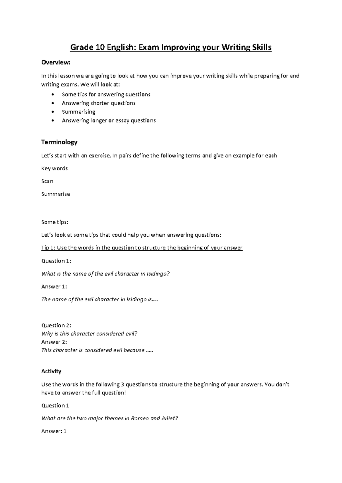 =Gr 10 Eng(FAL) 08 Exams Improving your writing skills - Grade 10 ...