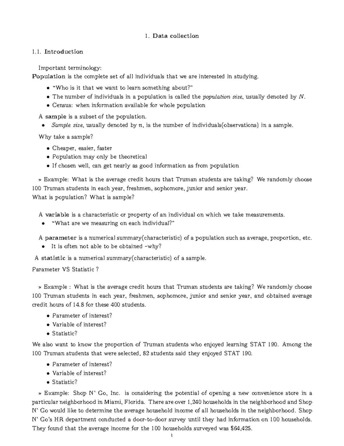 STAT 190 CH1 notes - Data collection Introduction Important terminology ...