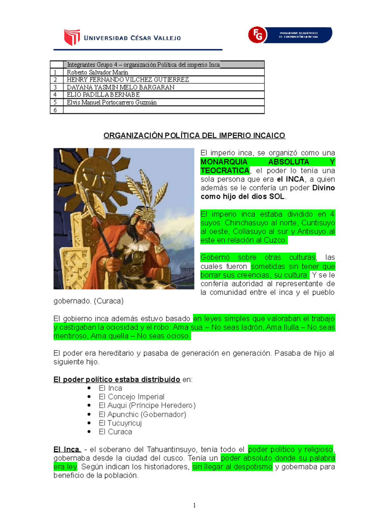 Organización Política DEL Imperio Incaico modificado - Integrantes ...