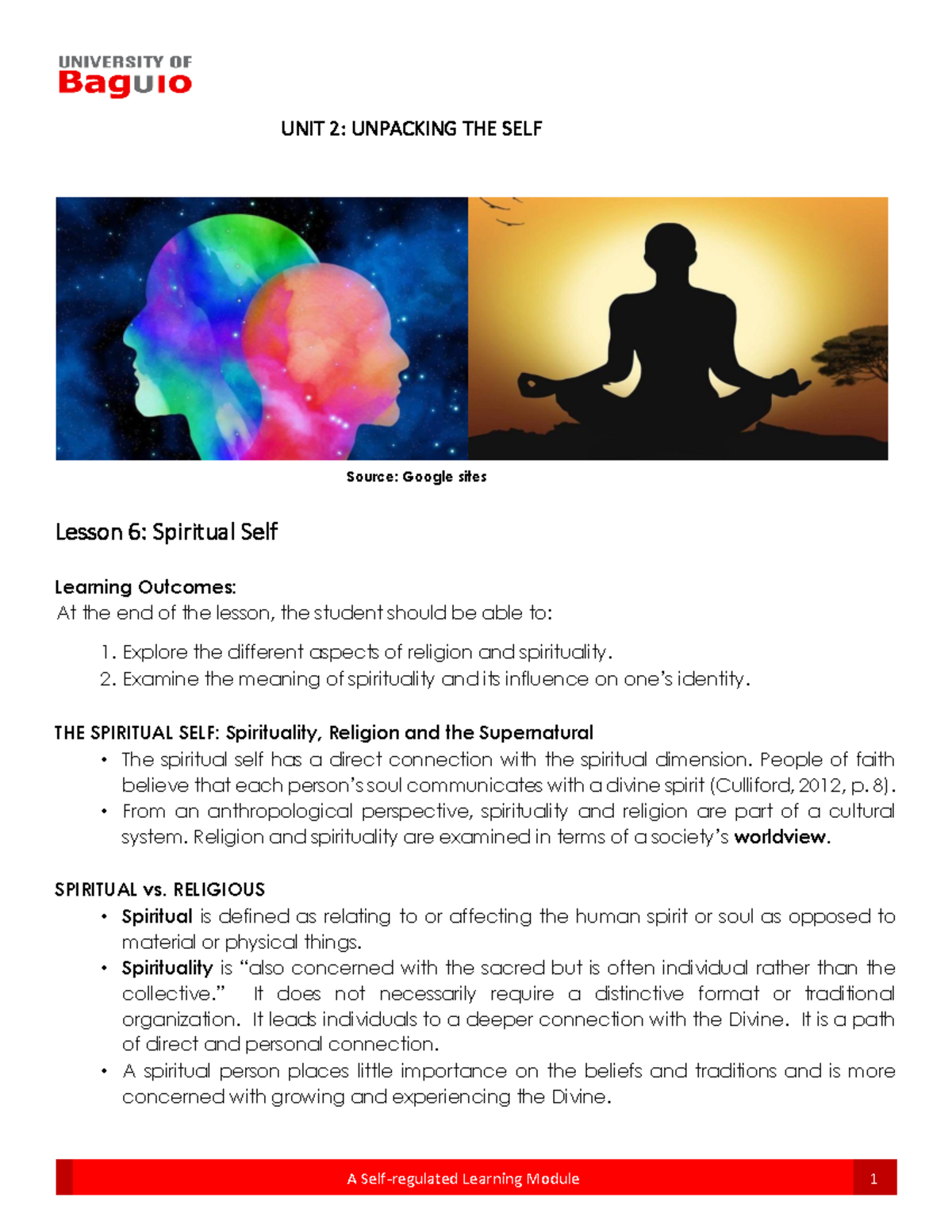 U2 L6-Spiritual Self - Module on spiritual self - A Self-regulated Learning Module 1 UNIT 2 ...