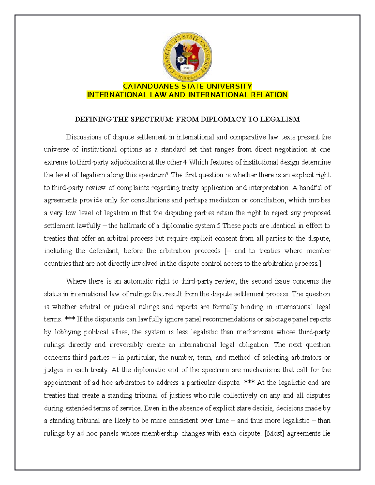 Defining THE Spectrum FROM Diplomacy TO Legalism - INTERNATIONAL LAW ...