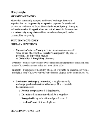 WHAT IS Money KAS - Notes - Money supply. MEANING OF MONEY Money is a ...