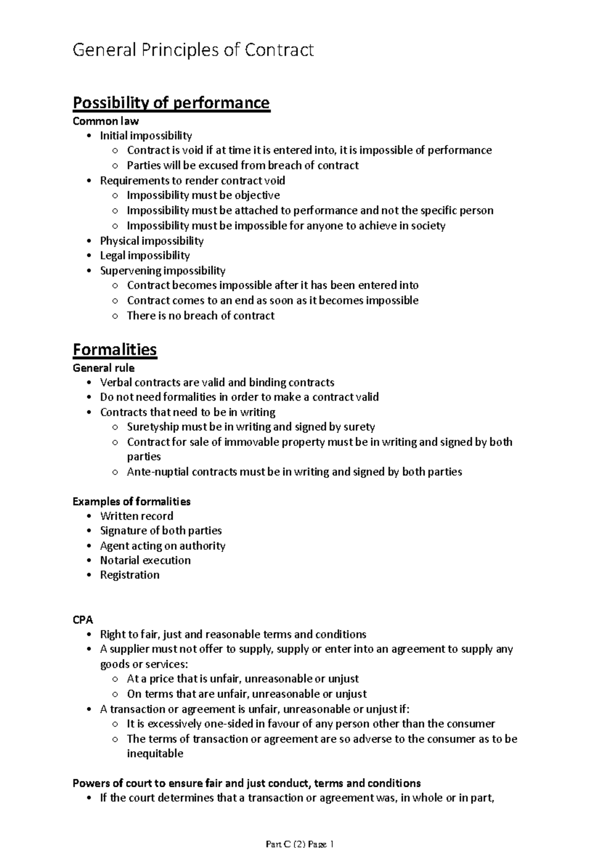 Part C - Part C Summary - Possibility of performance Common law Initial ...