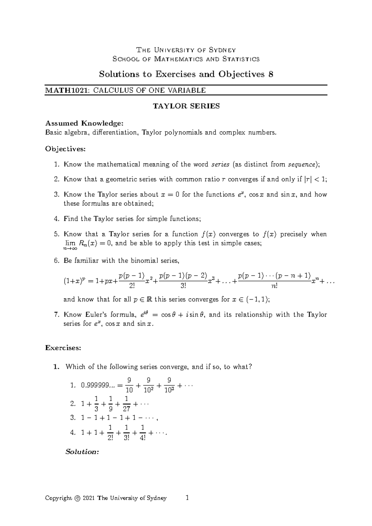Exercises-8-Sols - MATH1021 w8TUT question and solution - The University of Sydney School of ...