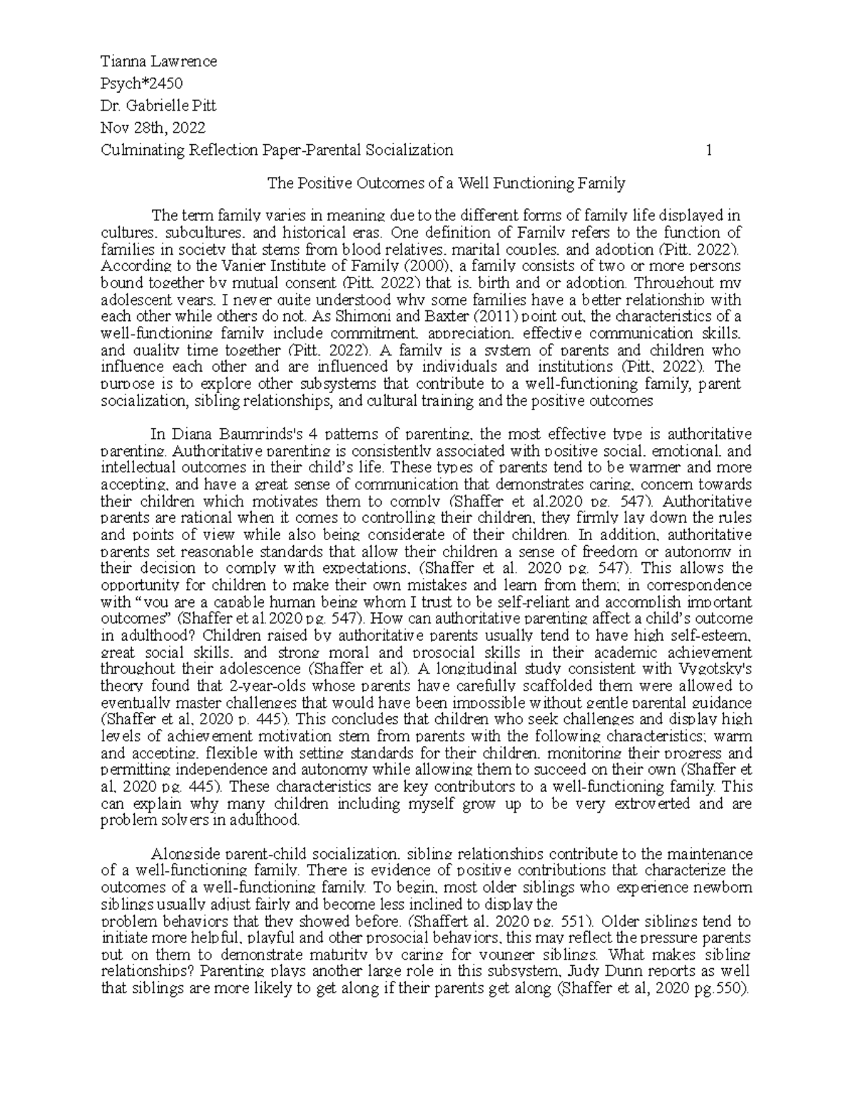 Culminating Reflective Paper -The Outcomes of Family Relationships ...