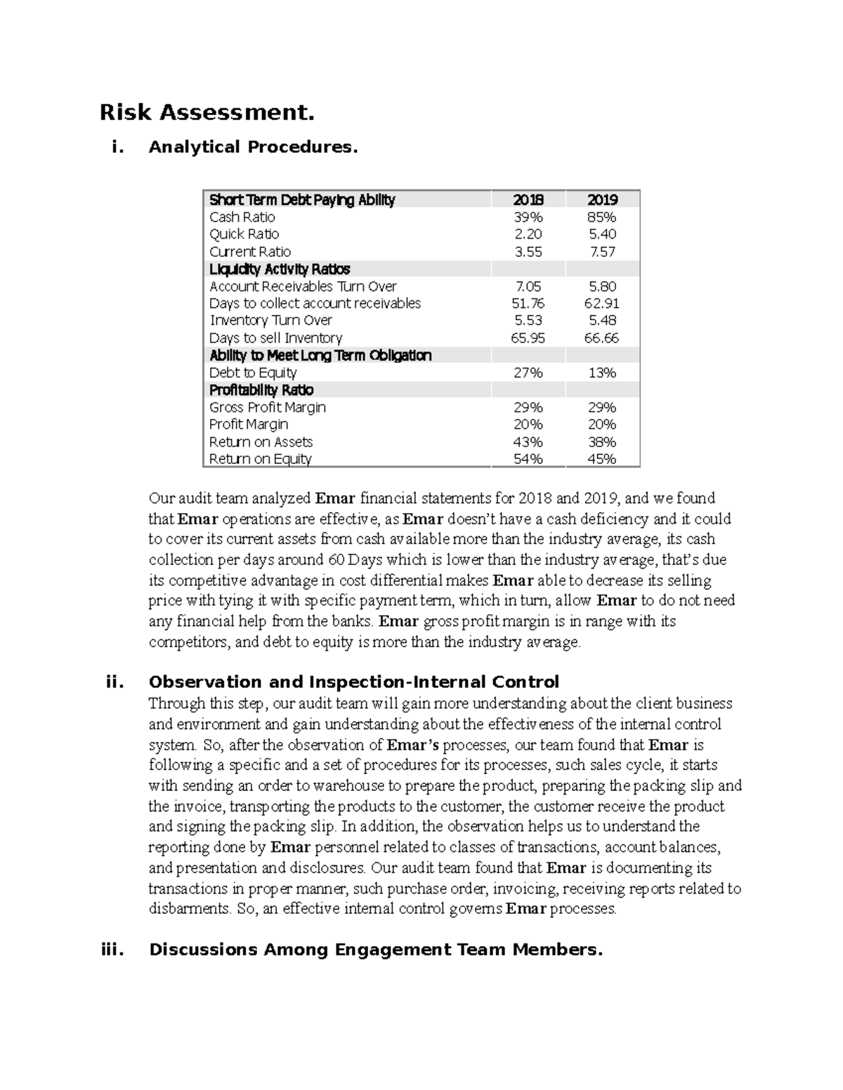 Risk Assesment - Our audit team analyzed Emar financial statements for ...
