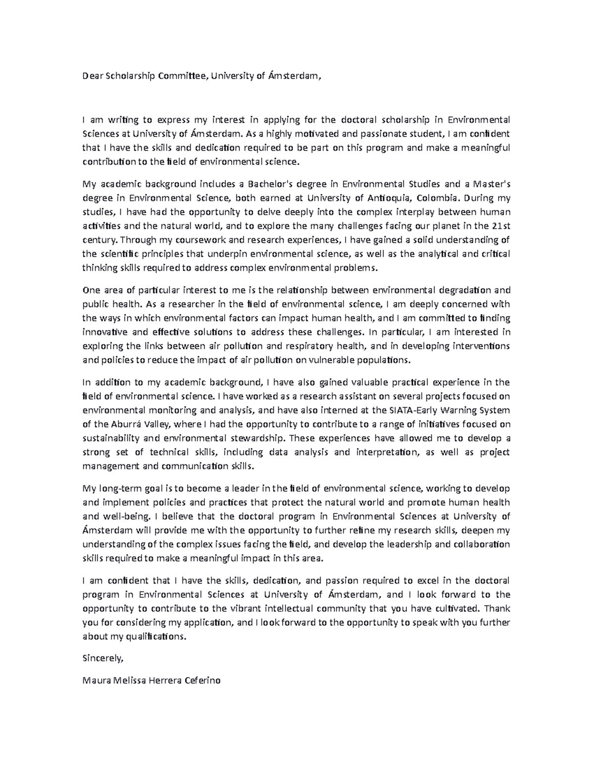 Cover letter Melissa - Dear Scholarship Committee, University of ...