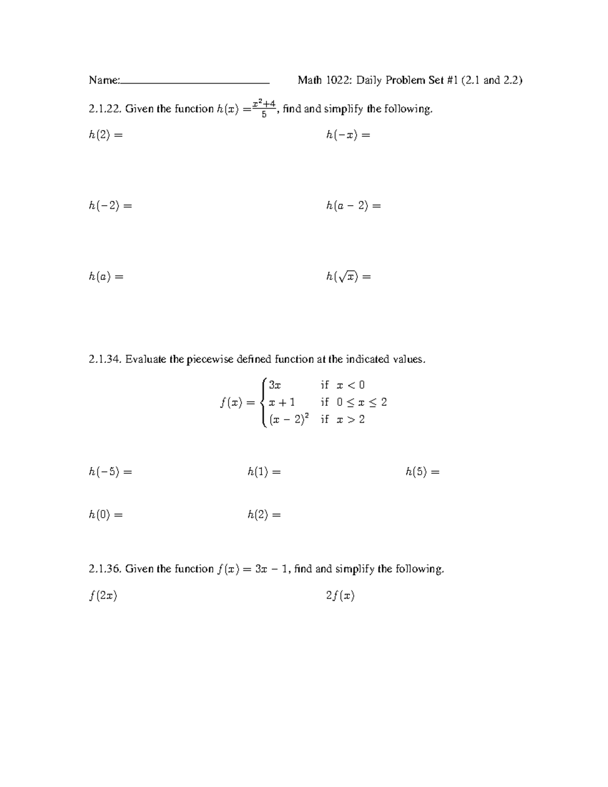 Sections 2.1 2.2 Part 1 - Name: Math 1022: Daily Problem Set #1 (2 and ...