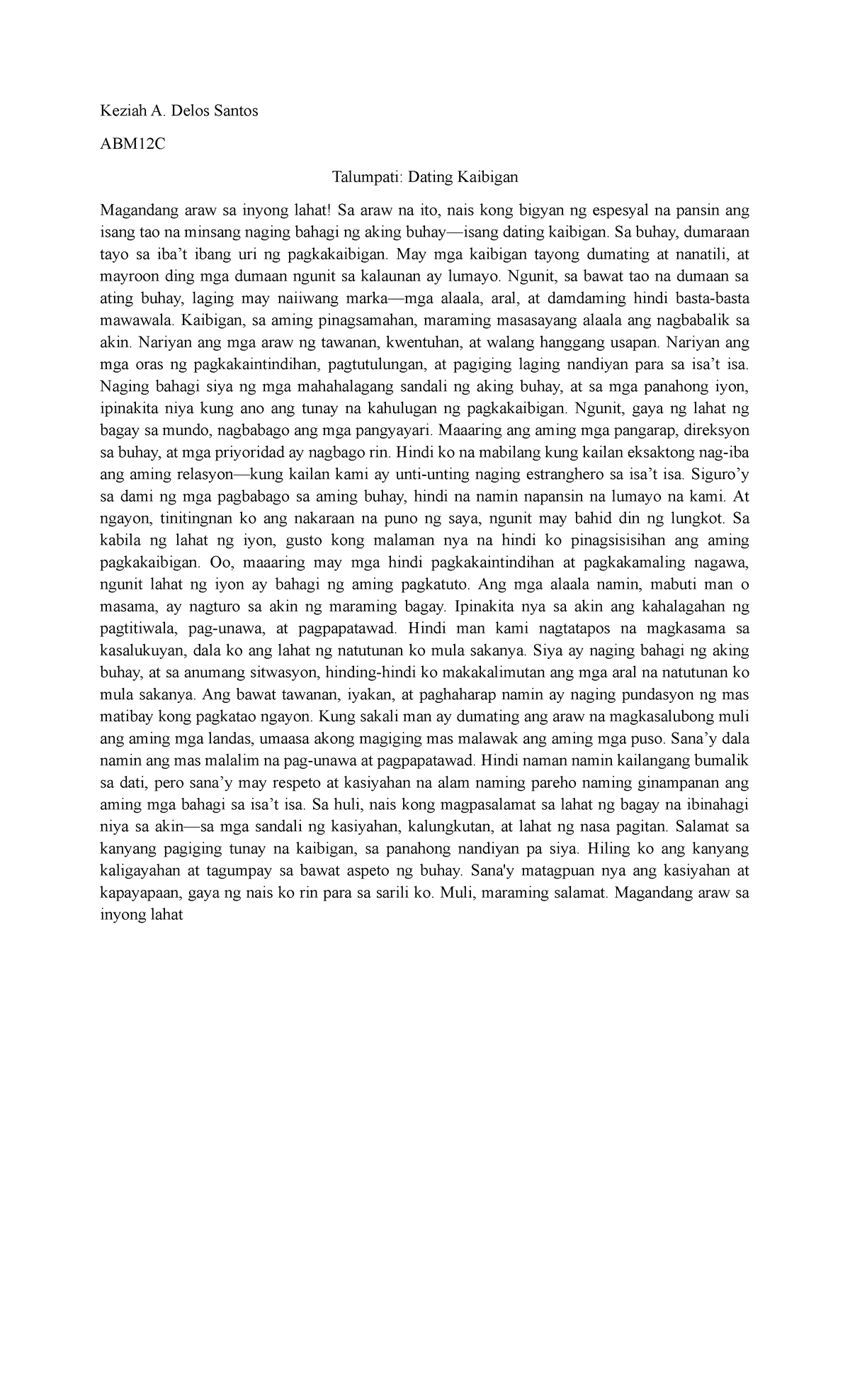 A - Hahauauah - Keziah A. Delos Santos ABM12C Talumpati: Dating ...