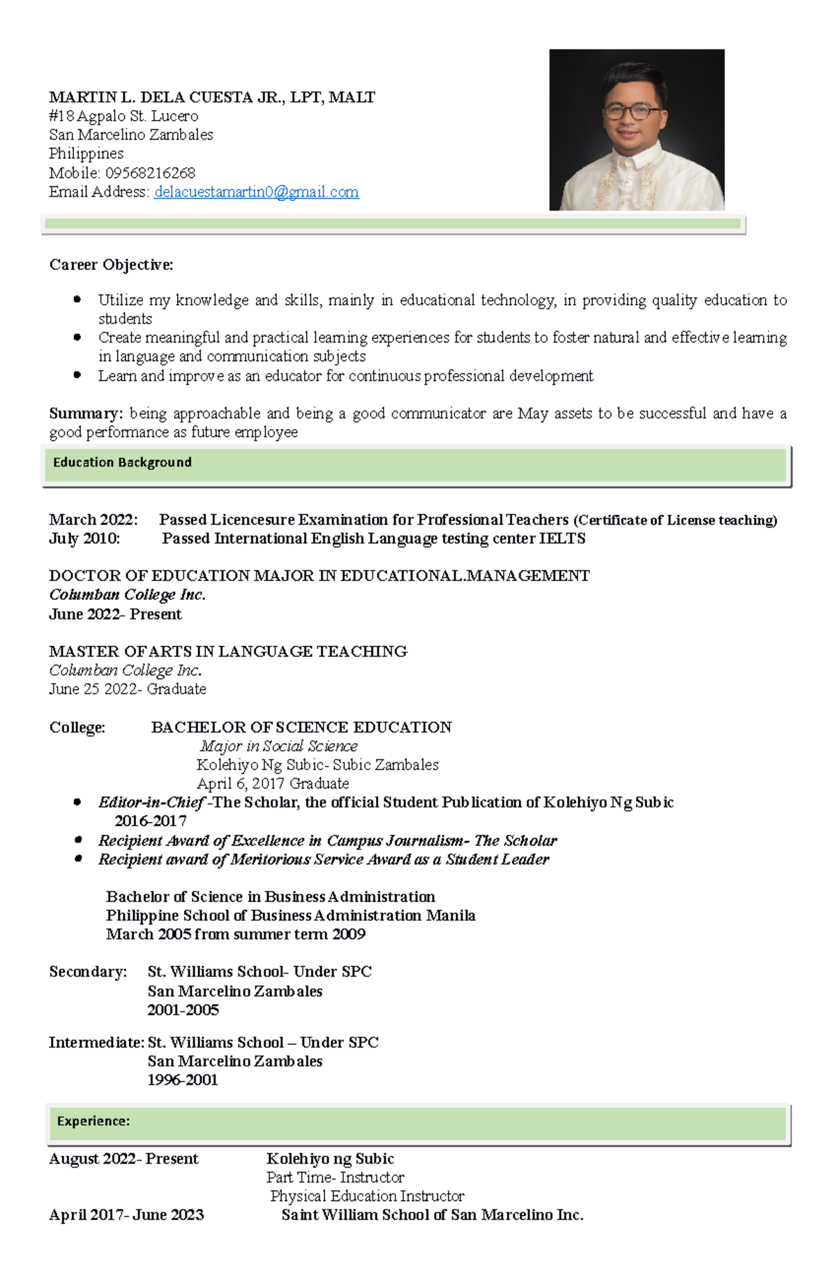 PMMA Martin Dela Cuesta Jr. -Resume- Instructor - MARTIN L. DELA CUESTA ...